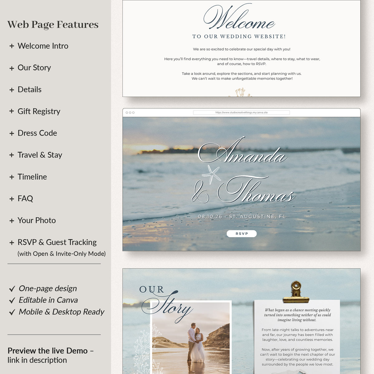 Beach Themed Canva Wedding Website Template with Online RSVP – Creative ...